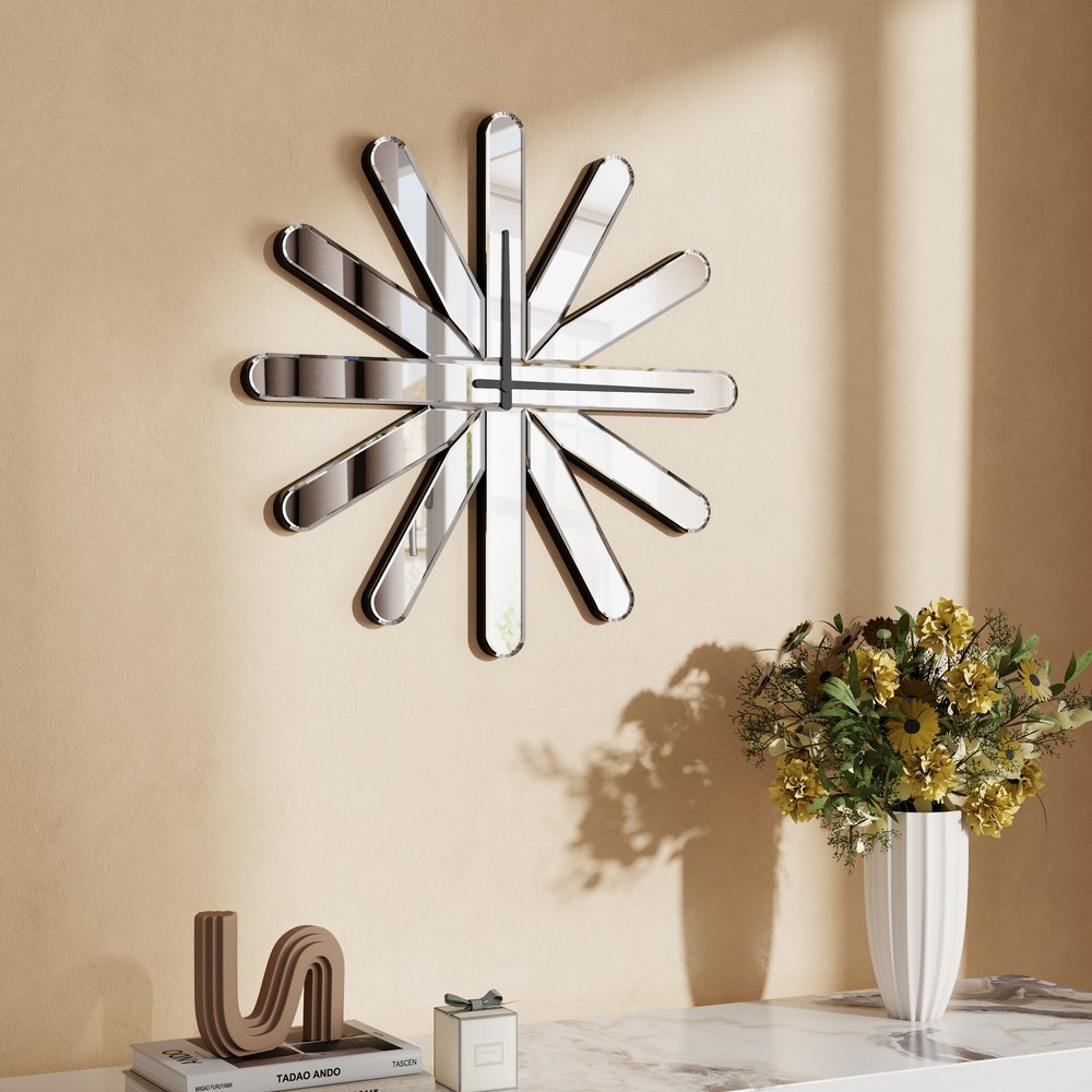 26" Silver Mirrored Glass Silent Analog Starburst Wall Clock – JW ...
